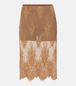 JACQUES WEI Layered Leather-trimmed Lace Midi Skirt - Brown