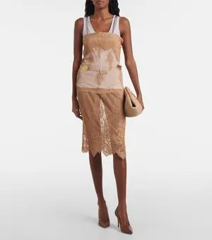 JACQUES WEI Layered Leather-trimmed Lace Midi Skirt