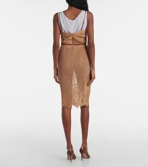 JACQUES WEI Layered Leather-trimmed Lace Midi Skirt