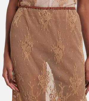JACQUES WEI Layered Leather-trimmed Lace Midi Skirt