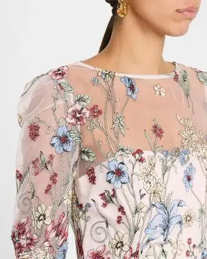 Rickie Freeman For Teri Jon Floral-embroidered Tulle Gown - Blush Multi