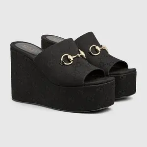 Gucci Horsebit Gg Canvas Wedge Sandal