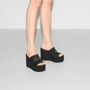 Gucci Horsebit Gg Canvas Wedge Sandal