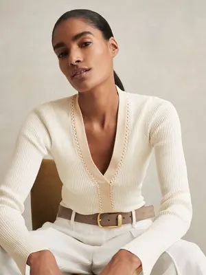 REISS Lauri Craft-Stitch Rib-Knit Top Ivory
