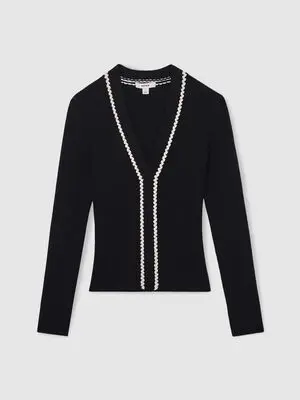 REISS Lauri Craft-stitch Rib-knit Top - Navy/white