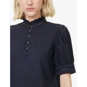 FRAME The Ruffle Collar Puffed-sleeves Cotton Top
