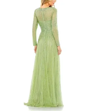 Mac Duggal Sequined Illusion High Neck Long Sleeve Gown - Sage