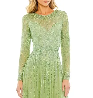 Mac Duggal Sequined Illusion High Neck Long Sleeve Gown - Sage