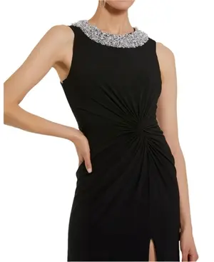 Mac Duggal Jersey Sleeveless Beaded Neck Gown With Twist