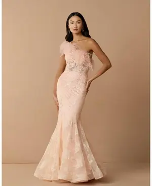 Mac Duggal One-shoulder Feather-embellished Mermaid Gown