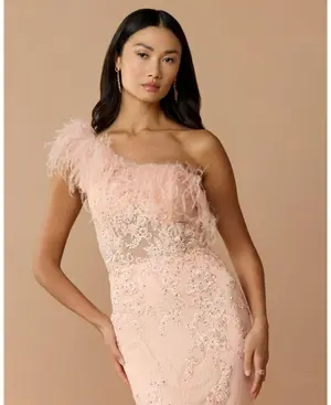Mac Duggal One-shoulder Feather-embellished Mermaid Gown