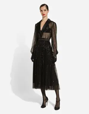 Dolce & Gabbana Tulle Tuxedo Shirt Dress With Sequin Embellishment - Black