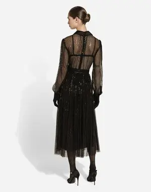 Dolce & Gabbana Tulle Tuxedo Shirt Dress With Sequin Embellishment - Black