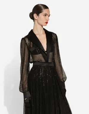 Dolce & Gabbana Tulle Tuxedo Shirt Dress With Sequin Embellishment - Black