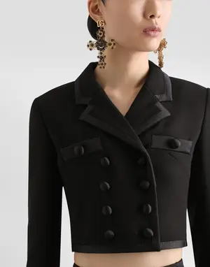 Dolce & Gabbana Short Double-breasted Wool Crepe Jacket With Satin Trims - Black