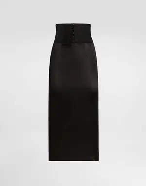 Dolce & Gabbana Stretch Satin Calf-length Skirt With Belt Detail - Black