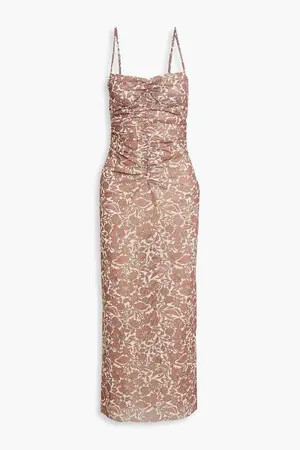 Bec & Bridge Priya Ruched Floral-print Stretch-mesh Midi Dress