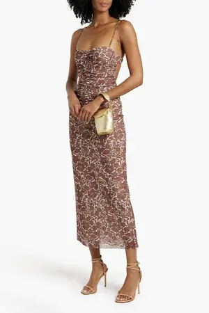 Bec & Bridge Priya Ruched Floral-print Stretch-mesh Midi Dress