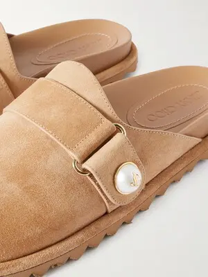 JIMMY CHOO Fayence Faux Pearl-embellished Suede Mules - Brown
