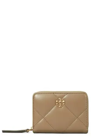 Tory Burch Small Kira Diamond Quilted Leather Zip Wallet Taupe Oak