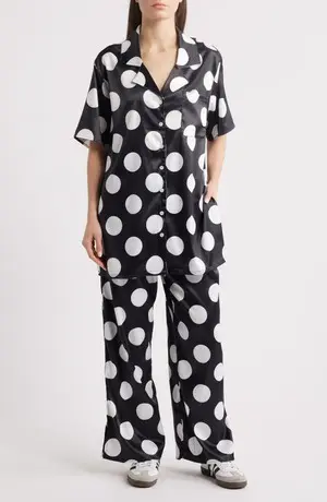 DRESSED IN LALA Dream So Big Polka Dot Satin Button-up Shirt & Wide Leg Pants Set - Black/ White