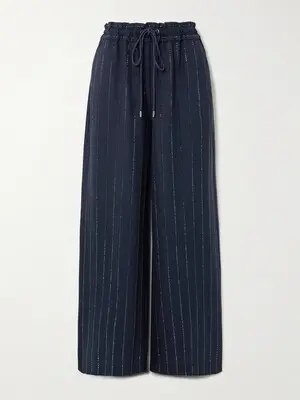 SELF-PORTRAIT Crystal-embellished Pinstriped Crepe Pants - Blue