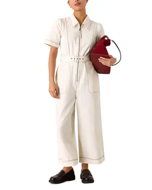 Whistles Denim Pintuck Belted Jumpsuit - Ivory