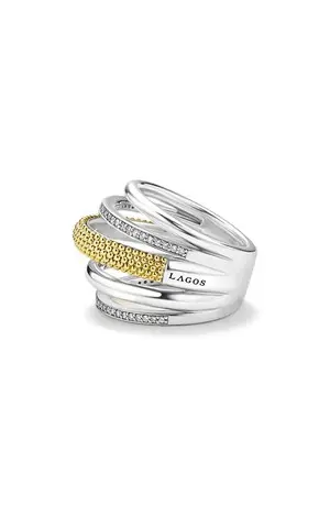 Lagos Caviar Lux Pavé Diamond Ring In Sterling Silver And 18k Gold - Two-tone
