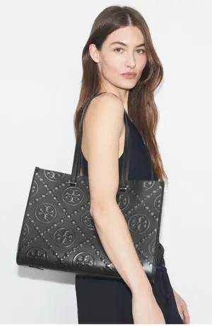 Tory Burch T Monogram Leather Tote - Black