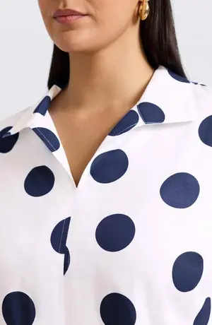 Foxcroft Agnes Polka Dot Popover Top - White/ Navy