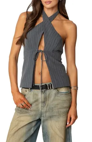 EDIKTED Pinstripe Split Front Halter Top