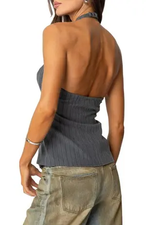 EDIKTED Pinstripe Split Front Halter Top
