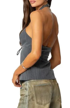 EDIKTED Pinstripe Split Front Halter Top