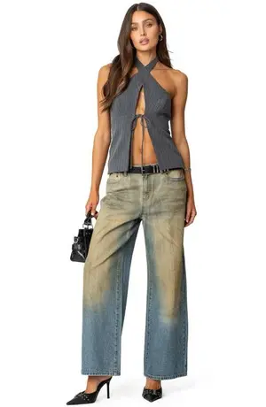 EDIKTED Pinstripe Split Front Halter Top