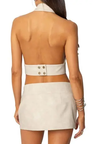 EDIKTED Karly Faux Leather Halter Top - Beige