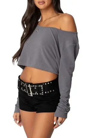 EDIKTED One-shoulder Long-sleeve Crop Top - Gray