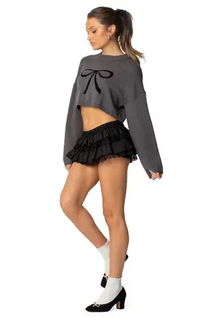 EDIKTED Bow Crewneck Crop Sweater - Gray