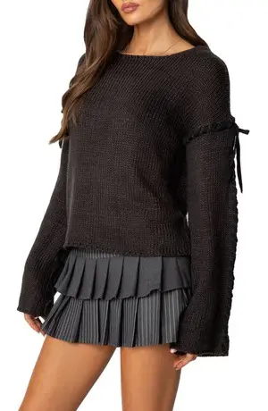 EDIKTED Amelia Lace Up Sleeve Sweater - Dark-gray