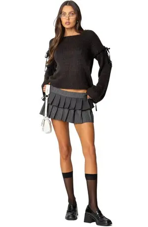 EDIKTED Amelia Lace Up Sleeve Sweater - Dark-gray