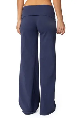 EDIKTED Wide Leg Foldover Pants - Navy