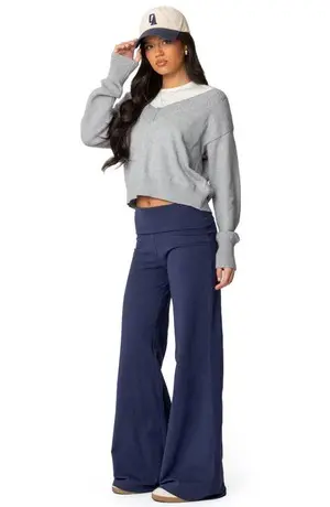 EDIKTED Wide Leg Foldover Pants - Navy