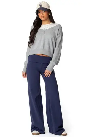 EDIKTED Wide Leg Foldover Pants - Navy