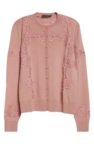 Dolce & Gabbana Lace Detail Virgin Wool & Cotton Blend Cardigan - Rosa Polvere Scuro