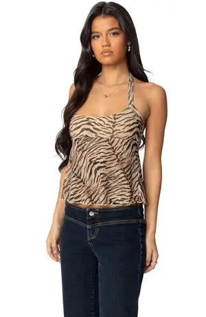 EDIKTED Tiger Print Mesh Halter Top