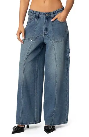 EDIKTED Baggy Low Rise Carpenter Jeans - Blue-washed