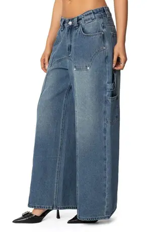 EDIKTED Baggy Low Rise Carpenter Jeans - Blue-washed