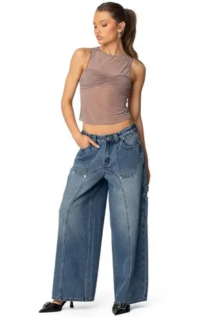EDIKTED Baggy Low Rise Carpenter Jeans - Blue-washed
