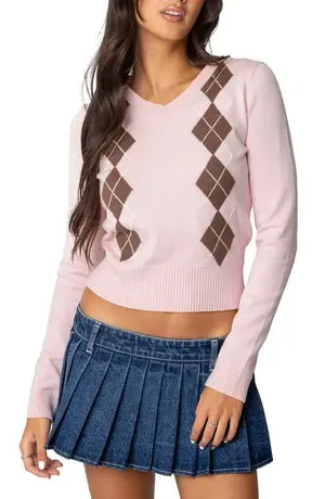 EDIKTED Argyle V-neck Sweater - Light-pink