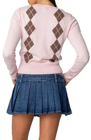 EDIKTED Argyle V-neck Sweater - Light-pink