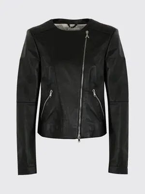 Patrizia Pepe Slim Fit Lambskin Leather Jacket With Round Neck And Fly Logo